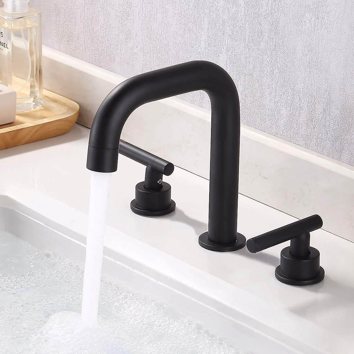 KES Black Faucet for Bathroom Sink 8-Inch Widespread 3 Hole Modern Vanity 2 Handle Brass with Supply Hoses, Sink Drain Not Included, L4317LF-BK