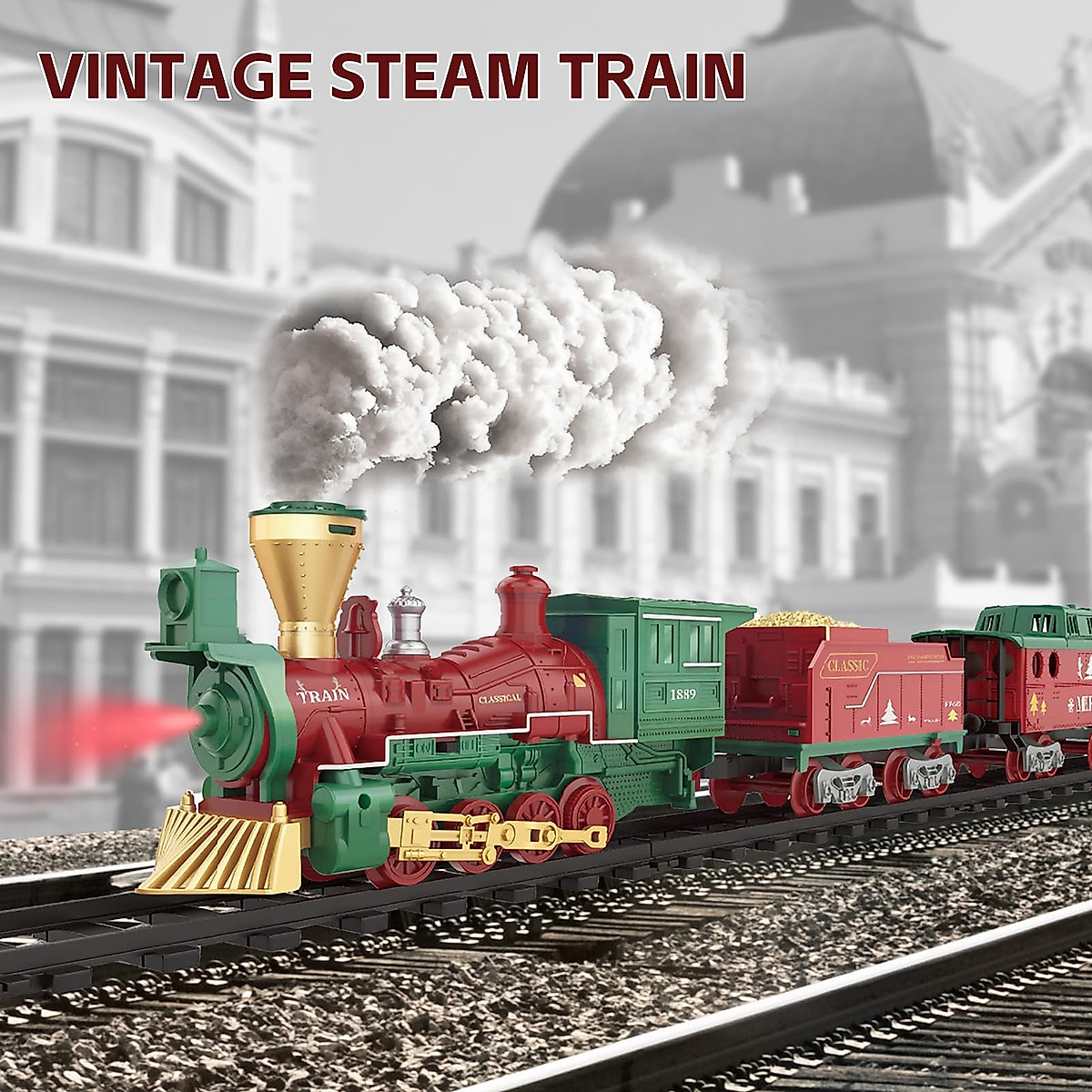 OLIUGEI Electric Train Set Steam Train Toys for Boys with Remote Control Christmas Train for Under The Trees with Smokes,Light & Sounds, for 3 4 5 6 7+ Years Old Kids