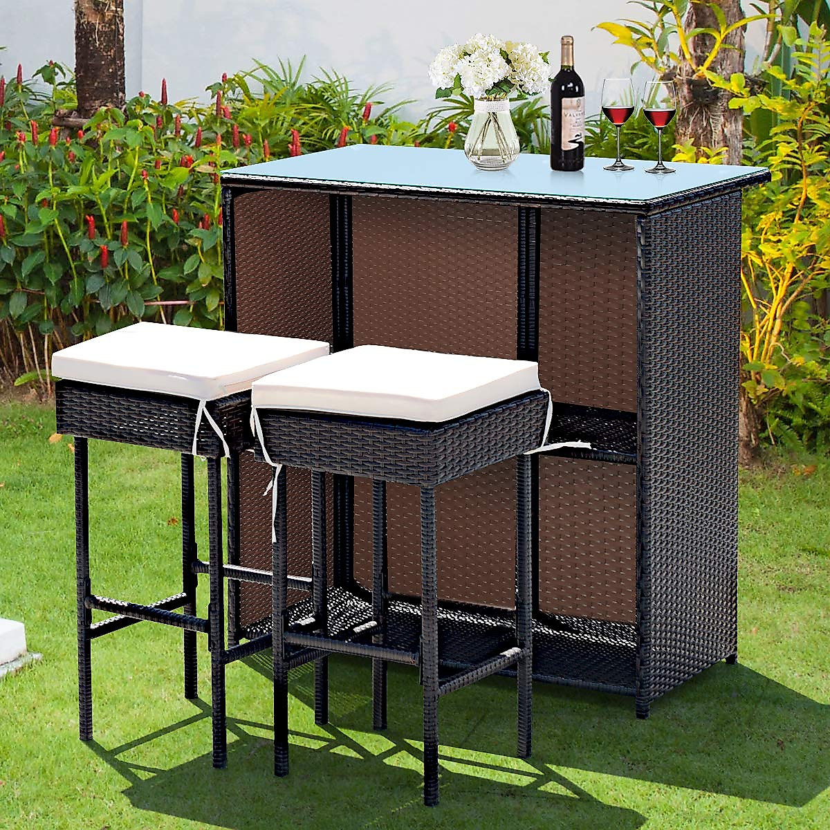 DORTALA 3 Pieces Rattan Patio Bar Table & Stool Set, Patio Furniture Set for Lawn Pool BackyardFront Porch, Dining Set w/Cushion, Beige