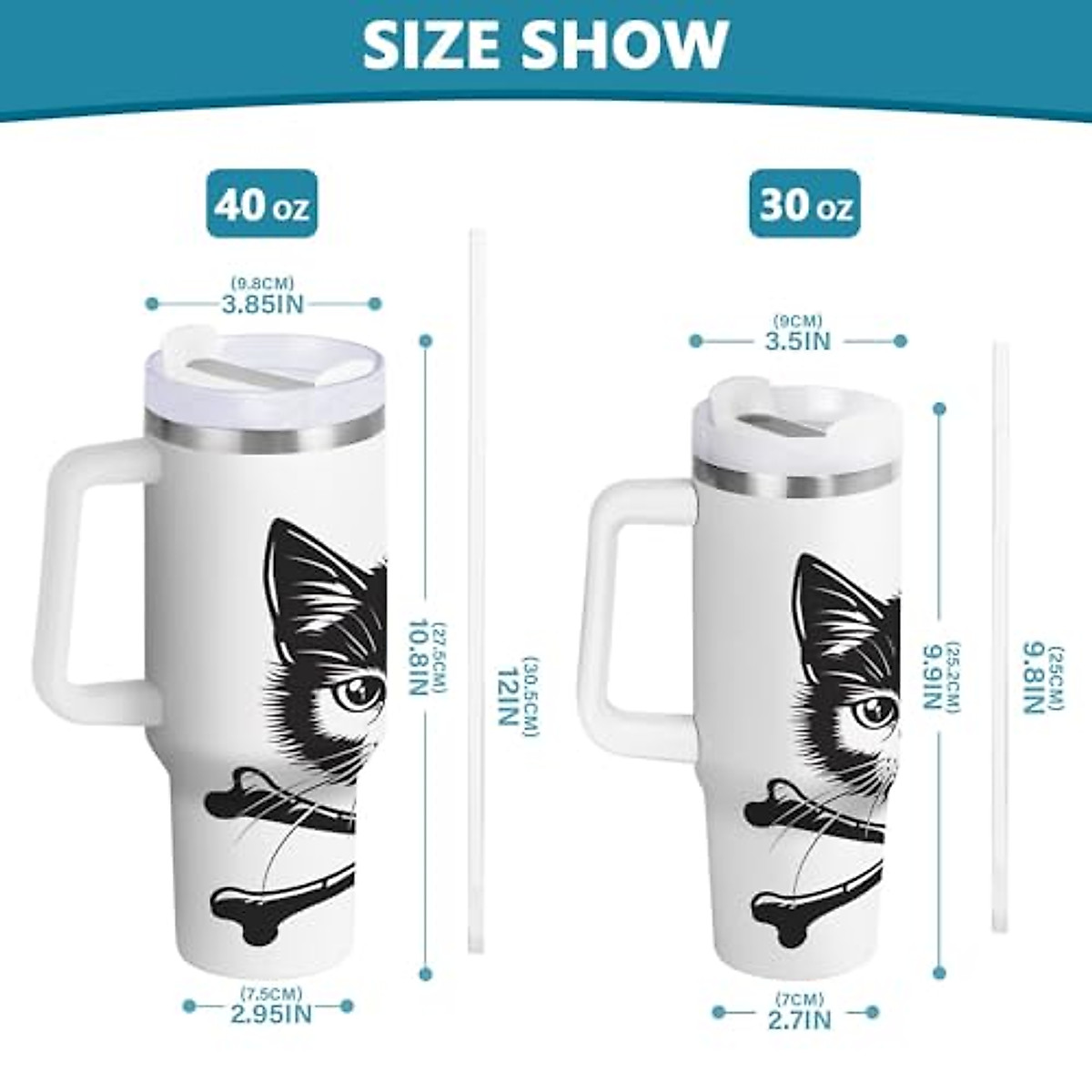 ODAWA Cat Skull Travel Tumbler 30 Oz Water Cup with Straw and Lid
