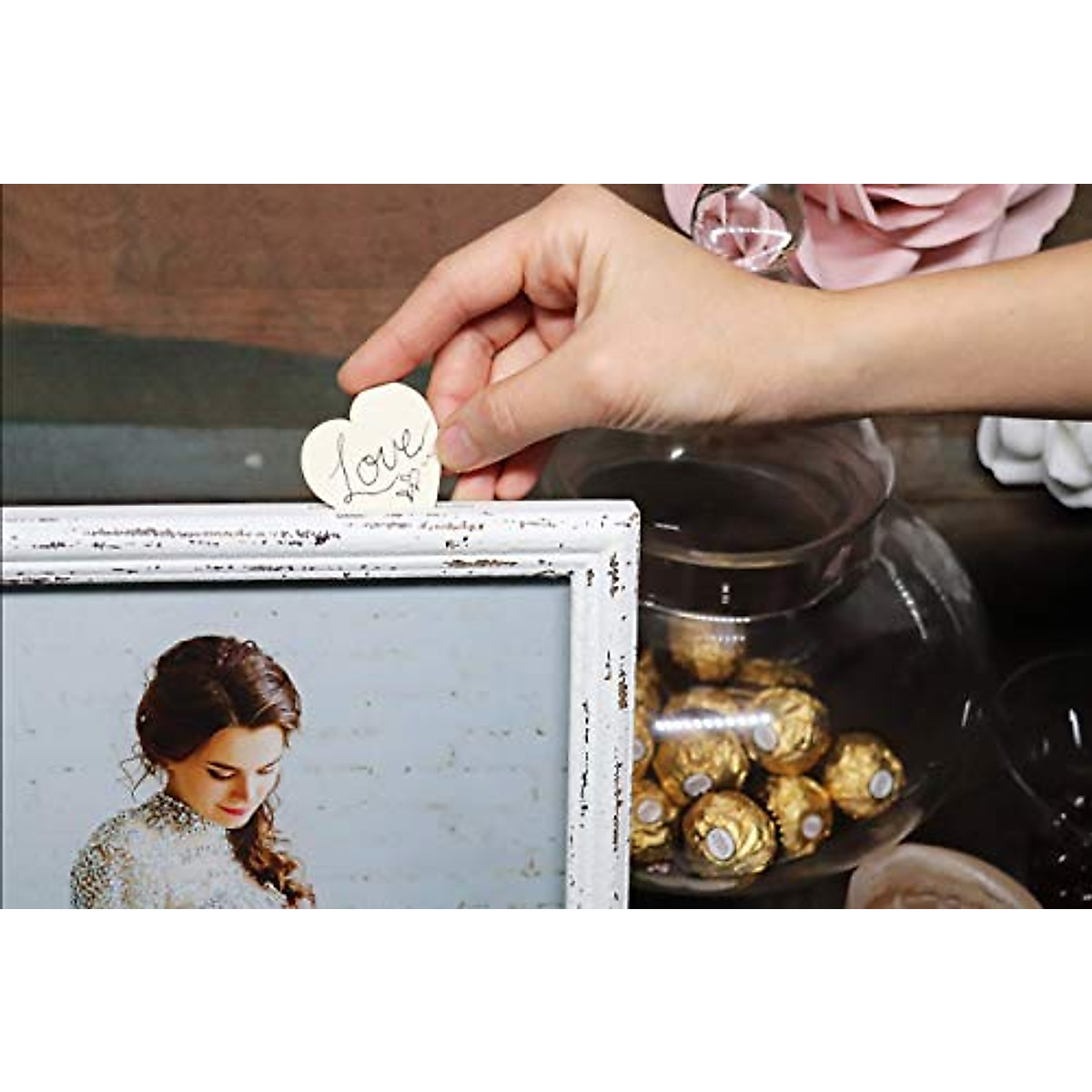 PMPX Wedding Guest Book Alternative Vintage Drop Top Frame with Stand, 90 Wood Hearts, Matching Box with Message Inside The Lid. Weddings, Bridal or Baby Shower, Anniversary, or Special Event.