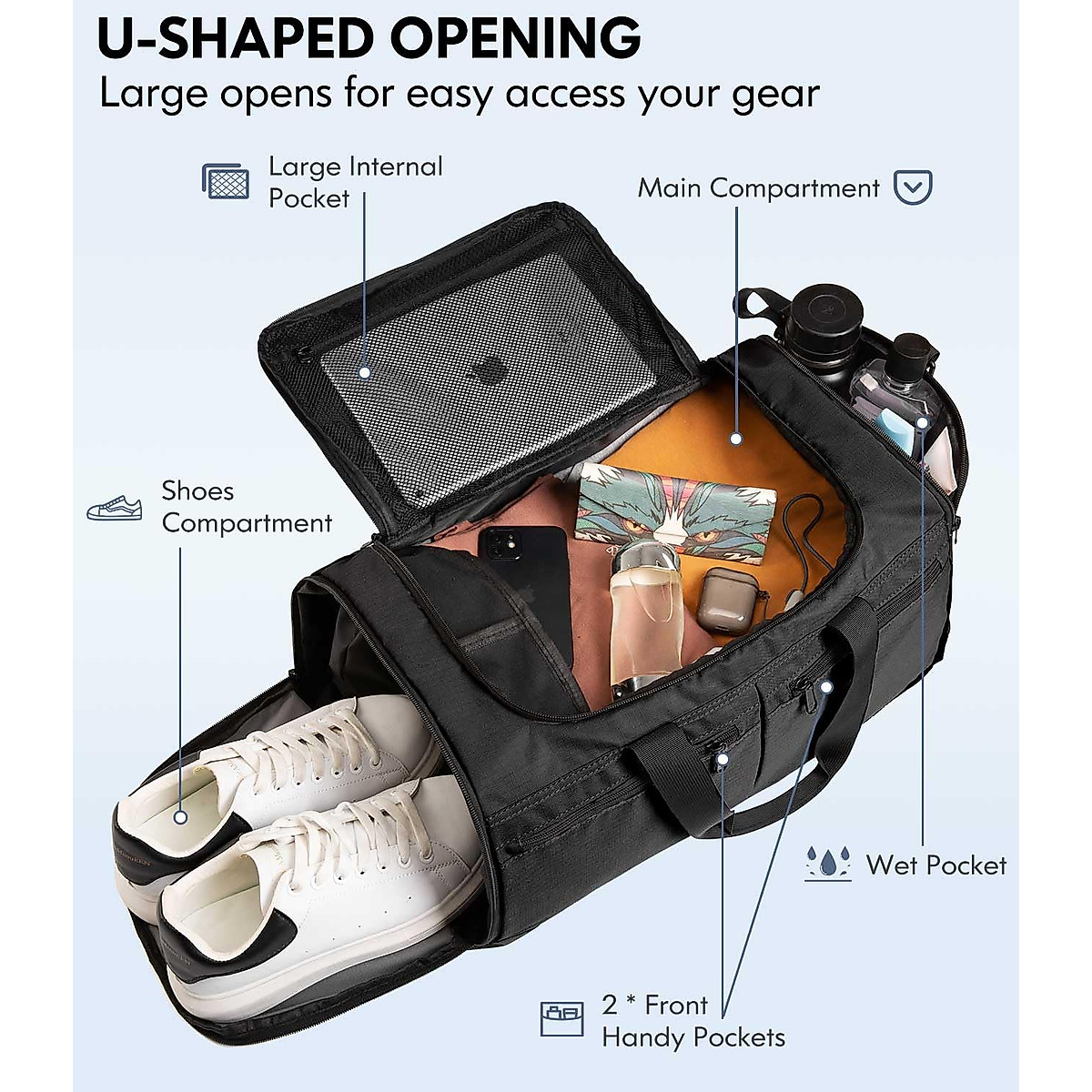 Gym Bag for Men Women, Foldable Travel Duffel Bags with Shoe Compartment & Wet Pocket, Lightweight Weekender Overnight Duffle Bag, Water Resistant Workout Sports Bag, Black