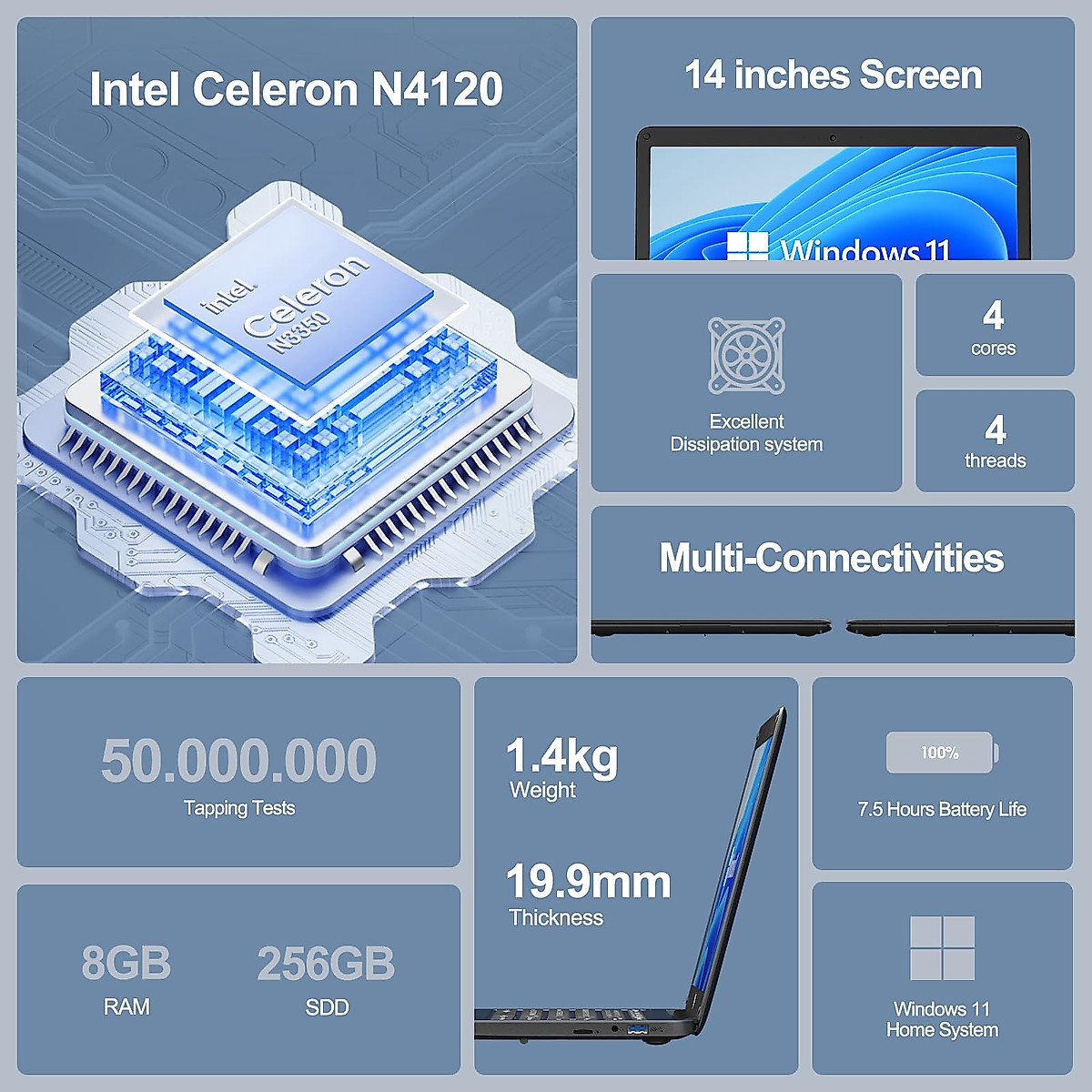 14" Laptop Computer, 8GB RAM 256GB SSD, Quad-Core Intel Celeron N4120 Processors, Windows 11 Laptops Computers 2.4G/5G WiFi,BT4.2, Webcam, HD Display, Long Battery Life,Ultra Slim,HDMI