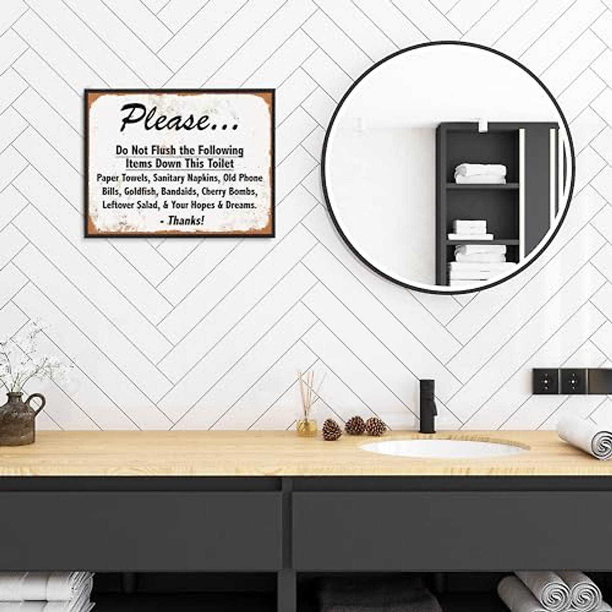 Do Not Flush Down Toilet- Napkins, Bombs, Hope & Dreams Home Decor - Funny Vintage Bathroom Sign Distressed Wall Art For Retro Bathroom Décor, Bar Decor, Man Cave -Restaurants - Unframed - 8 x 10