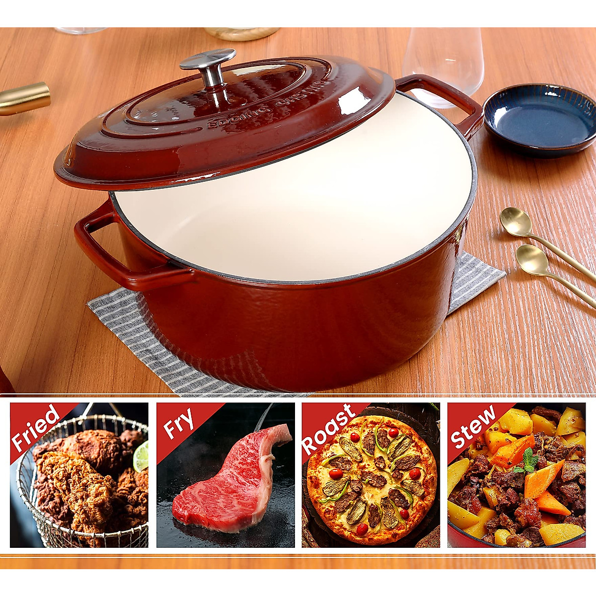 EDGING CASTING Enameled Cast Iron Dutch Oven Pot With Lid, Dutch Oven for Sourdough Bread Baking Round Pot Dule Handle, 6 Quart, Wine Red