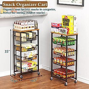 OKZEST Fruit Basket, 5-Tier Utility Kitchen Organizer and Storage Cart with Pull-Out Baskets and Wood Top, Rolling Pantry Kitchen Cart on Wheels for Fruit Potato Onion Vegetable Snack Produce