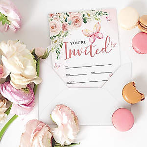 AnyDesign 20 Sets Butterfly Pink Floral Invitation with Envelopes Stickers 5 x 7 Inch Watercolor Flower Invitation Cards Blank Invites for Wedding Bridal Baby Shower Birthday Dinner Party