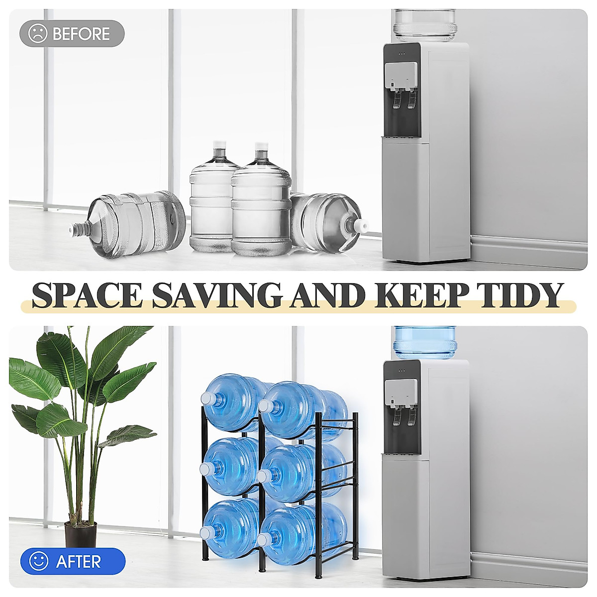 Klvied 5 Gallon Water Jug Holder, 3 Tier Water Jug Rack, Water Jug Stand for 5 Gal Water Bottle, Water Jug Stand, Heavy Duty Water Gallon Holder for 6 Bottles with Lifter and 5 Gallon Water Jug Cap