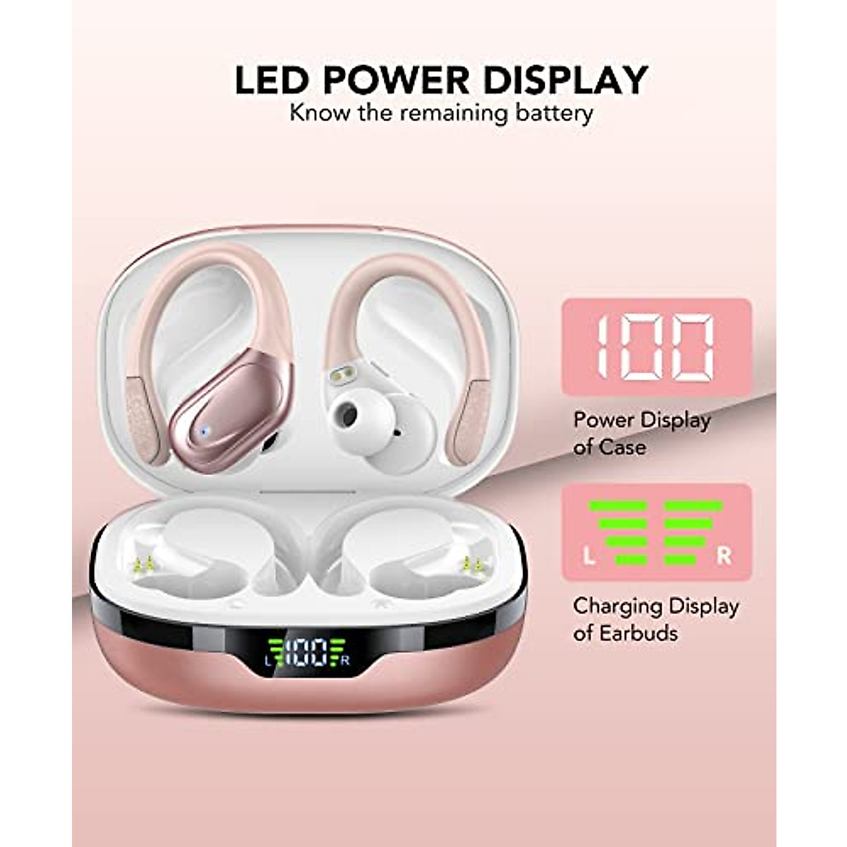 CASCHO Wireless Earbuds Bluetooth Headphones 60Hrs Playtime HD Stereo Audio Digital LED Display Over-Ear Earphones with Earhook Waterproof Headset with Mic for Sport Running Workout