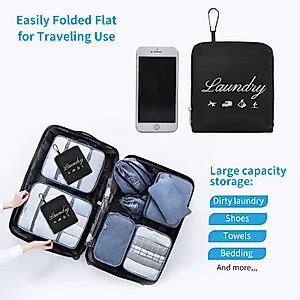 2 Pcs Travel Laundry Bag, JHX Dirty Clothes Bag 【Upgraded】 with Handles and Aluminum Carabiner, Collapsible Laundry Bag for Travel, Camp, Fitness, and Students（Black） 24"L x 21"W