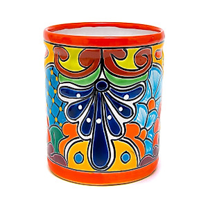 Enchanted Talavera Ceramic Large Utensil Holder Spatula Crock Kitchen Counter Organizer Mexican Pottery Utensils Tools Caddy Spoon Rest White Ceramic (Red Large (7.5" H x 6" W)