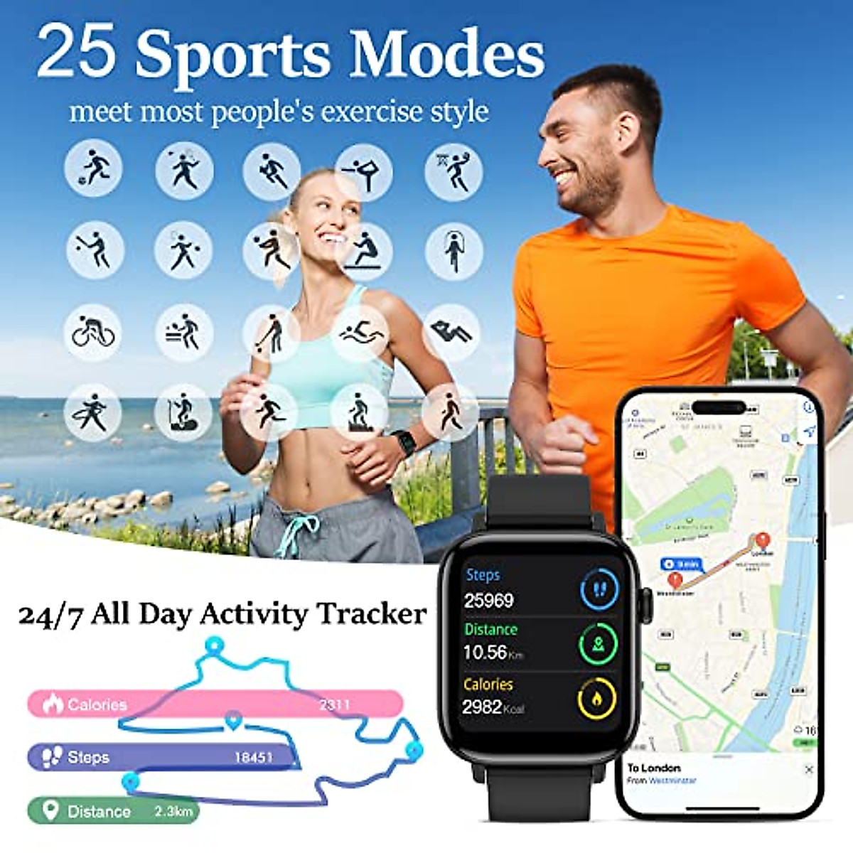 Smart Watch for Men Women Fitness: (Answer/Make Calls) 1.9" Bluetooth Call Smartwatch for Android iOS Phones with Heart Rate Sleep Tracking BP SpO2 Monitor AI Voice 25 Sport Modes Step Counter