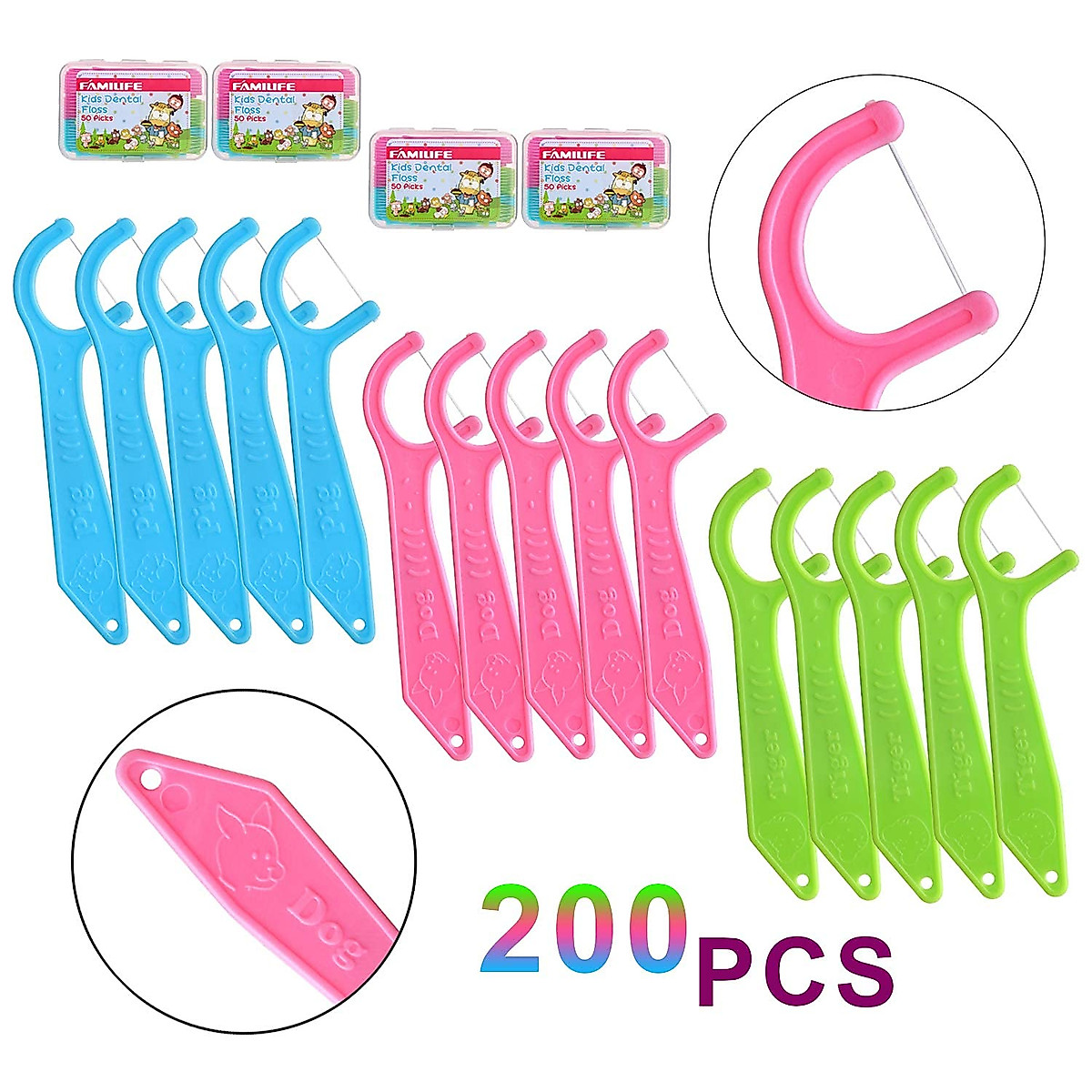 FAMILIFE Kid's Dental Floss Picks Without Fluoride, 4 Travel Handy Cases Unflavored Flosser 120 Picks and 4 Travel Cases 200 Picks Animal Pattern