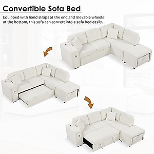 P PURLOVE Pull-Out Sofa Bed, Chenille L-Shaped Sectional Sofa Couch with a Movable Ottoman, 2 USB Ports and 2 Cup Holders for Living Room (Beige)