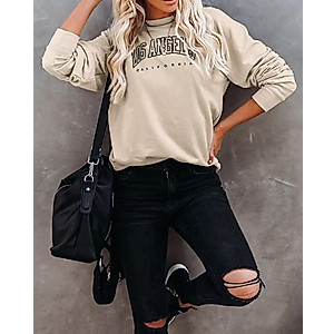 Dressmine Women's Los Angeles Hoodie Long Sleeve Vintage Graphic Sweatshirt Casual Print Letter Pullover Apricot XL