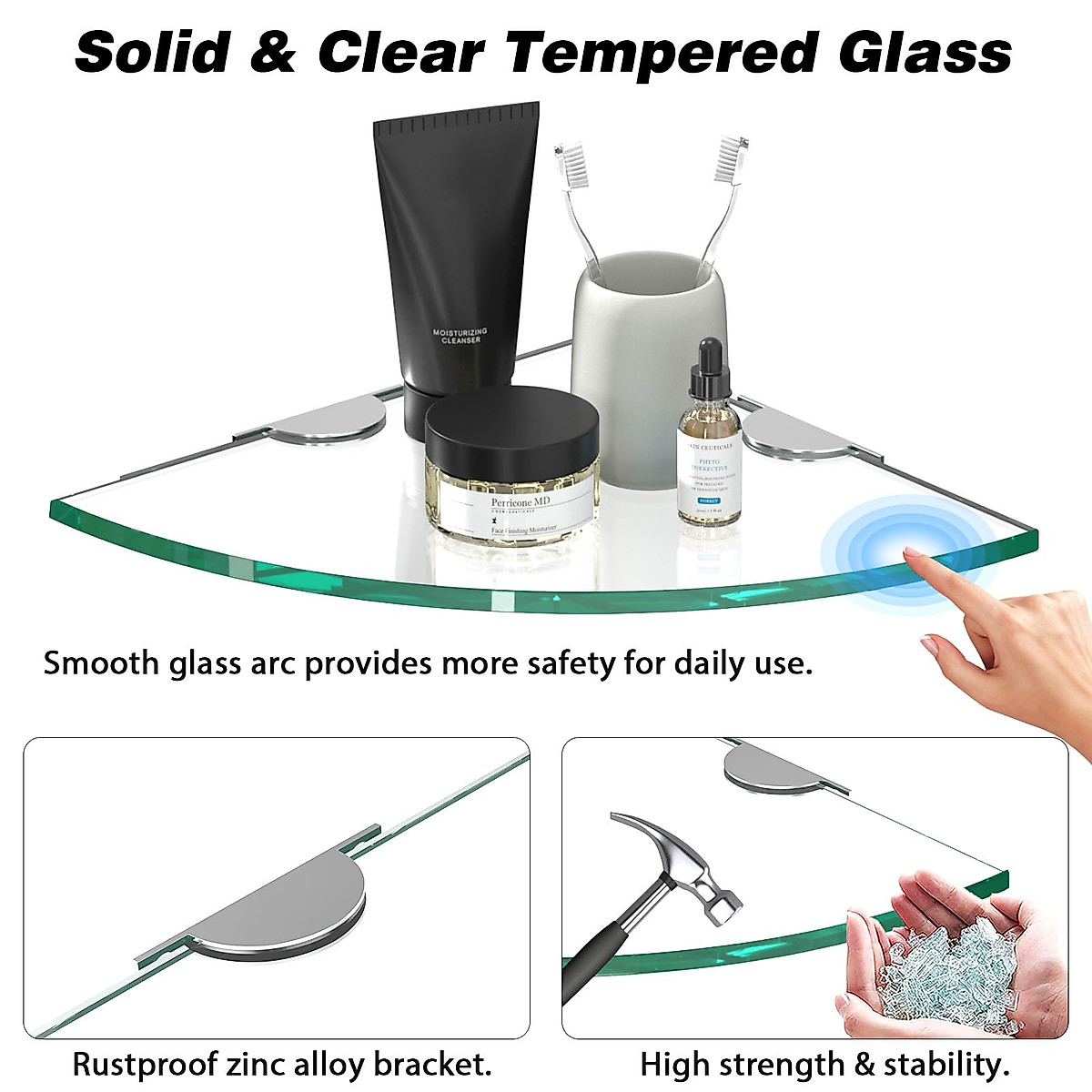 Corner Glass Shower Caddy 2 Pack 8MM-Thick Tempered Glass Shelf No Drilling Wall Mount Corner Mounted Shelves Space Saver Adhesive Bathroom Home Shelf Shampoo Holder Organizer Strong Adhesion