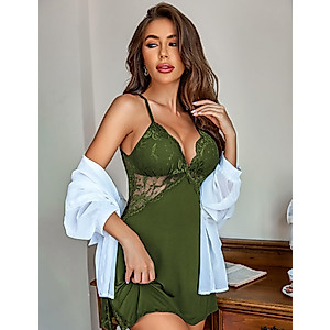 Avidlove Women Lingerie V Neck Nightwear Sexy Lingerie Sleepwear Lace Chemise Slip Dress Jungle Green