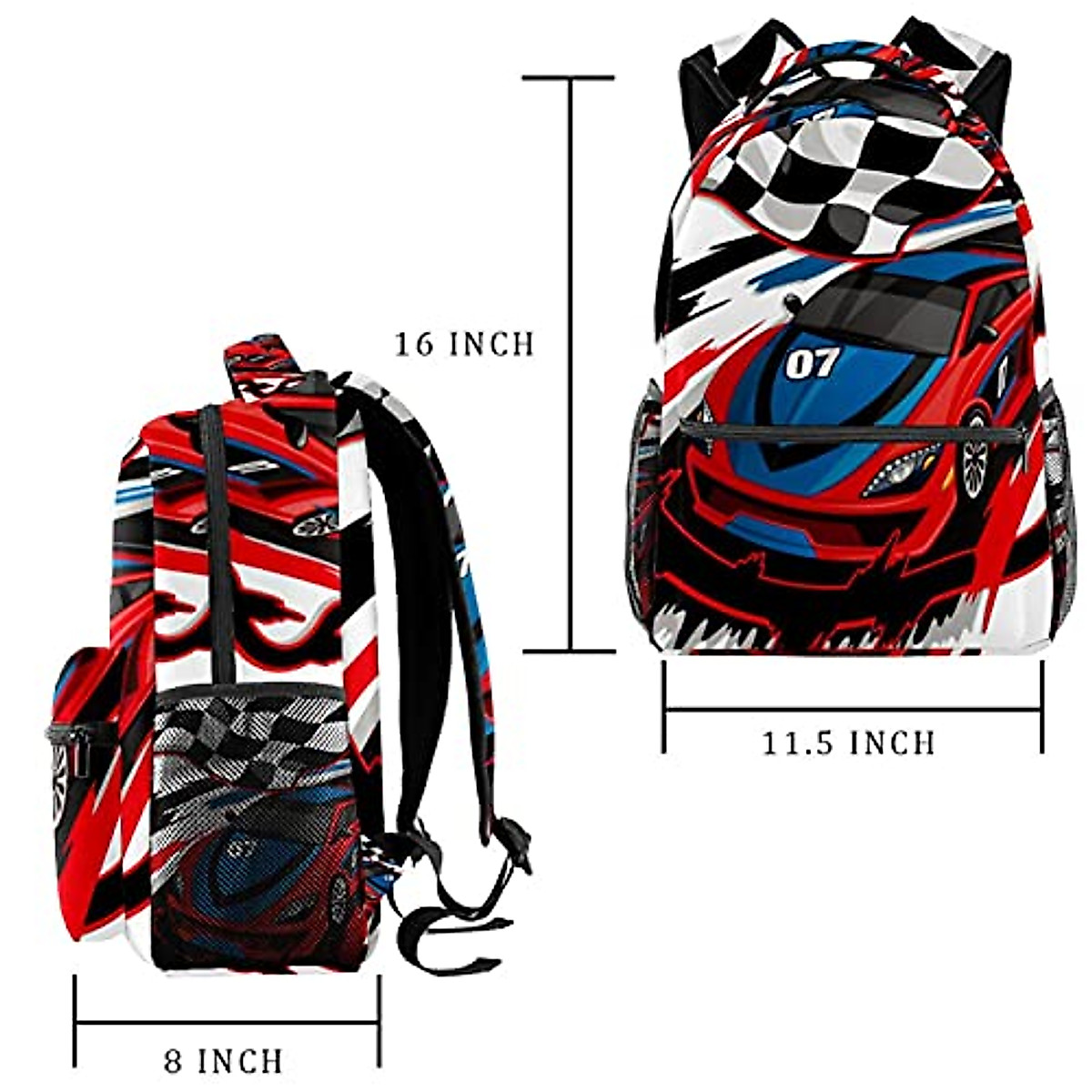 JAVENPROEQT Speeding Racing Car With Checkered Flag Race Track Casual School Backpack For Teen Girls Boys, Shoulder Bag For Men Women
