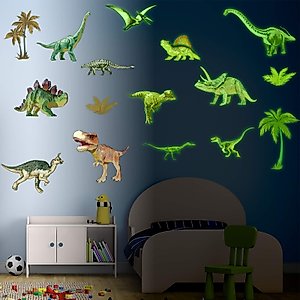 12 Pieces Glow in The Dark Dinosaur Wall Decals Dinosaur Glow Wall Stickers and 4 Pieces Coconut Trees Stickers for Kids Room Bedroom Living Room Classroom Home Decoration