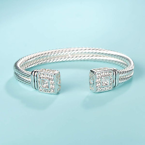 UNY Designer inspired jewelry double cable Wire Square CZ Antique Bangle Elegant Beautiful (White)