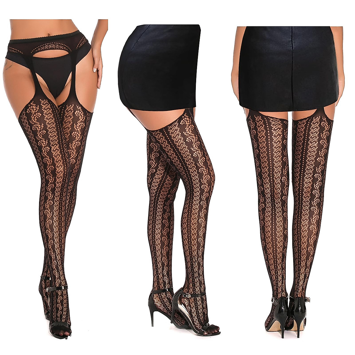 SOUTHRO 5 Pairs Black Thigh High Stockings Patterned Tights-Fishnet/Net,Garter Belts Set & Suspender Pantyhose for Women