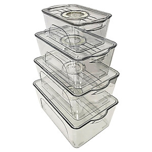 FRASTORDER Food Storage Containers with Lids - Clear Plastic Stackable Storage Bins with Date Recorder for Fridge, Freezer, Kitchen Cabinet, Pantry Organization (Set of 3)