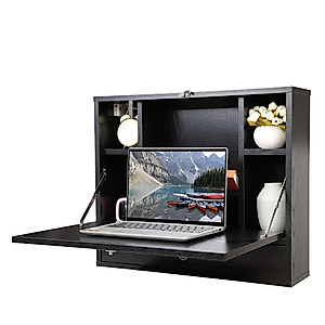 JAXPETY Wooden Wall-Mounted Space-Saving Desk, Fold Out Computer Laptop Desk with Storage Bookcase & Drawer, Convertible Writing Desk for Home Office, Black