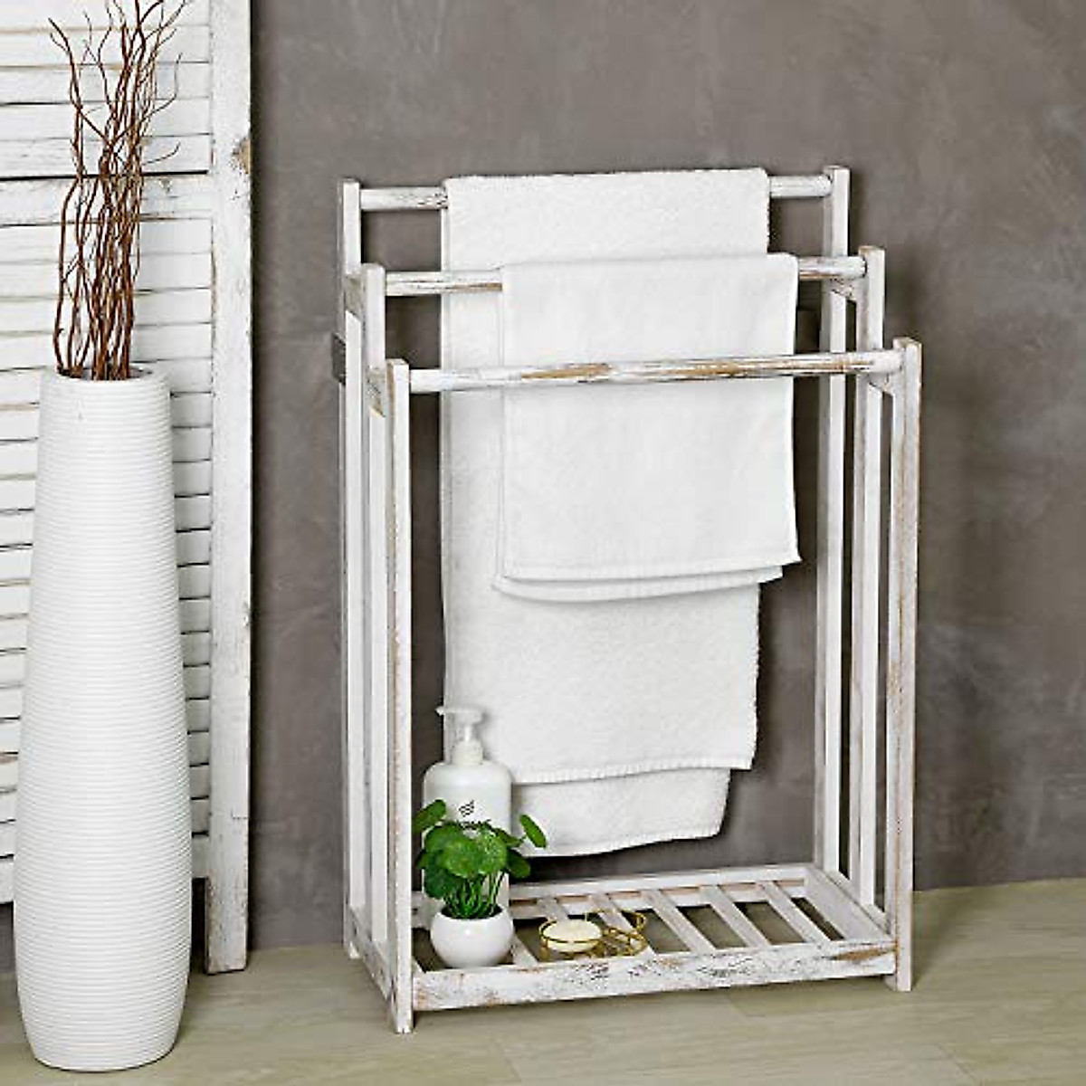 MyGift Shabby Whitewashed Wood Freestanding 3 Bar Towel Rack Holder with Bottom Storage Shelf, Laundry and Bathroom Towel Drying Rack