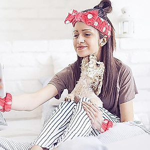 Shindel 6PCS Makeup Headband Set, Bow Hair Bands with Wristbands Coral Fleece Face Wash Headbands for Women Spa Makeup Shower Skin Care Yoga