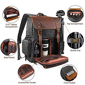 Endurax Leather Camera Backpack for Photographers, DSLR Backpack Bag with Laptop Compartment & Tripod Holder, Waterproof Canvas
