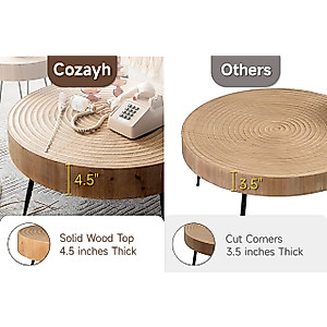 LONYKE 2-Piece Boho Farmhouse Living Room Coffee Table Set, Nesting Table Round Natural Finish with Handcrafted Wood Ring Motif, French Country Decor, Round