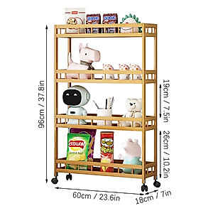 LZYMSZ Bamboo 4-Tier Kitchen Storage Carts with Wheels, Lockable Slim Bathroom Organizer Laundry Room Organizer, Easy Assemble Rolling Cart Storage Shelf for Narrow Places (23.6 x 7 x 37.8inch)