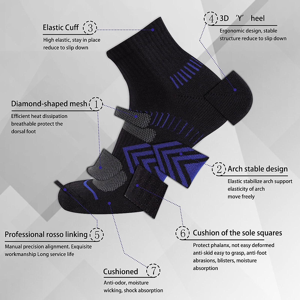COOPLUS Men's Cotton Athletic Ankle Socks Performance Cushioned Quarter Moisture Wicking Sock - 6 Pairs