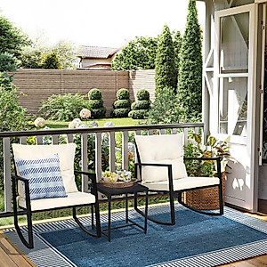 SUNCROWN 3 Piece Outdoor Rocking Bistro Set Black Wicker Furniture Porch Chairs Conversation Sets with Glass Coffee Table, Dark Grey