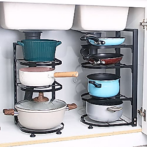 Pot and Pan Rack Organizer Holder，Heavy Duty Adjustable Standing Pan & Pot Racks，Wall Mounted Kitchen Cookware Rack For Pot Storage Under Kitchen Counters, Cabinets, Sink Cabinets （4-Tier，Black）