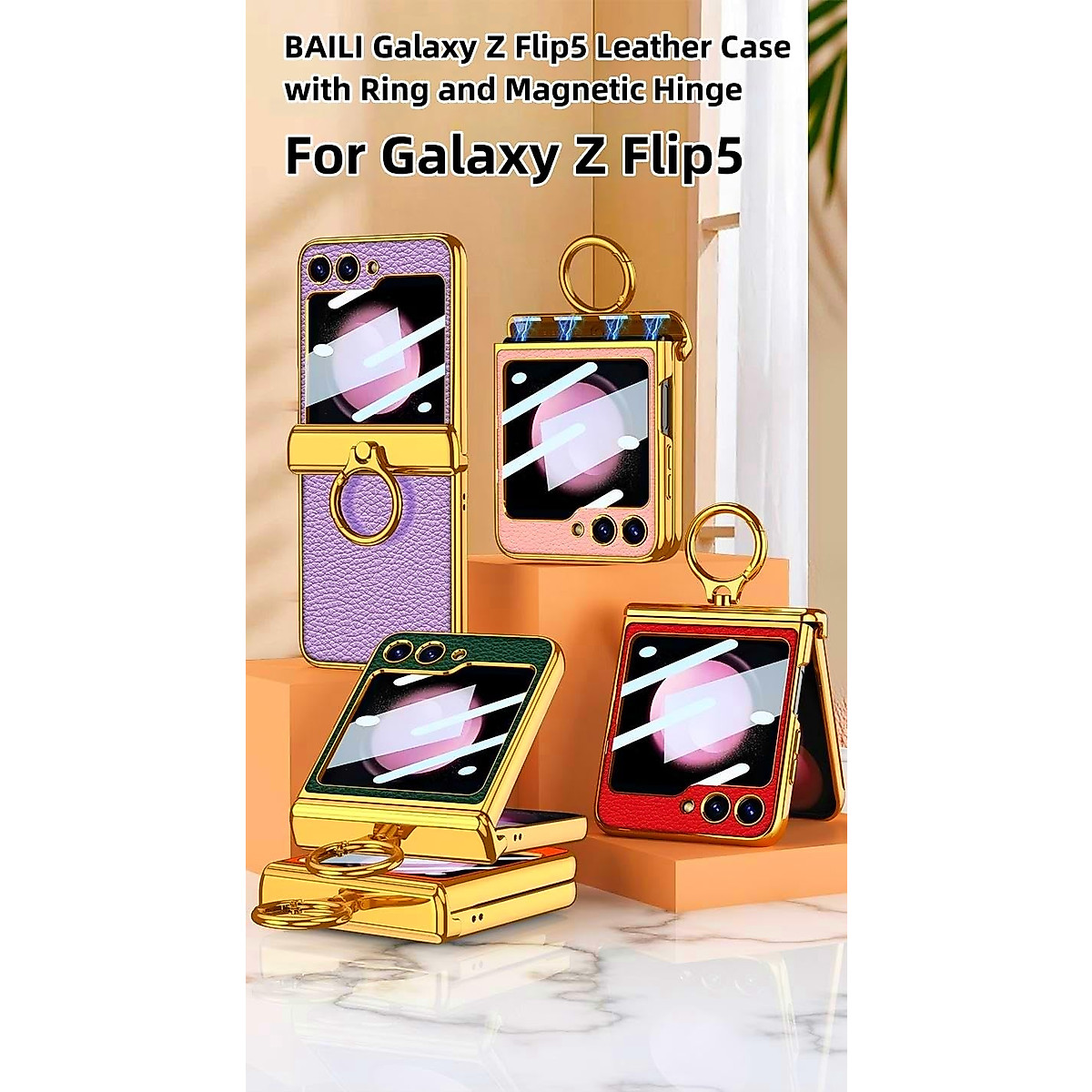 BAILI Galaxy Z Flip5 Case with Ring,Galaxy Z Flip5 Case with Magnetic Hinge,Z Flip5 Case with Leather,Military Grade Drop Protective Flip 5 Case with Electroplated Frame-Orange