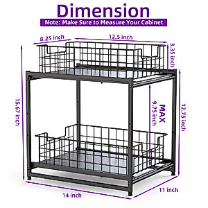 FixOwl Under Cabinet Sink Organizer with Sliding Drawer Under Bathroom Sink Storage Stackable Adjustable Height 2 Tier Countertop Organizer, 1 Pack, Black