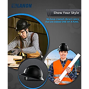 LANON Black Full Brim Hard Hat, OSHA Construction Work Approved, HDPE Safety Helmet with 4 Point Adjustable Ratchet Suspension, Class E, G & C