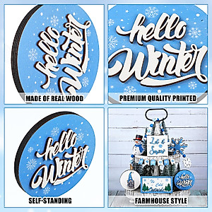 Honoson 13 Pcs Christmas Winter Tiered Tray Decor Snowman Snowflakes Gnome Winter Wooden Sign Set Christmas Tiered Tray Snowflake Sign Winter Tabletop Decor Let It Snow for Holiday Christmas Decor