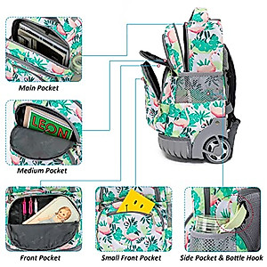 NEW TILAMI Rolling Backpack for Kids, 16 Inch Wheeled Laptop Backpack for Boys Girls School Travel Trip Bag, Flamingo