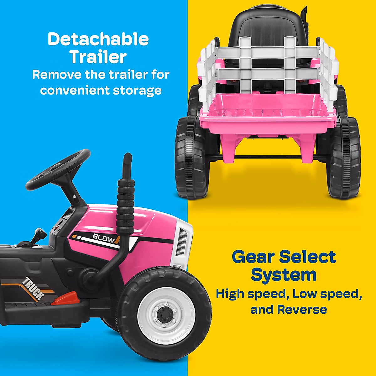Kidzone 12V 7AH Treaded Tires with Dual 25W Motors Remote Control Battery Powered Electric Tractor with Trailer Toddler Ride On Toy with 3-Gear-Shift 7-LED Lights, MP3 Audio - Pink