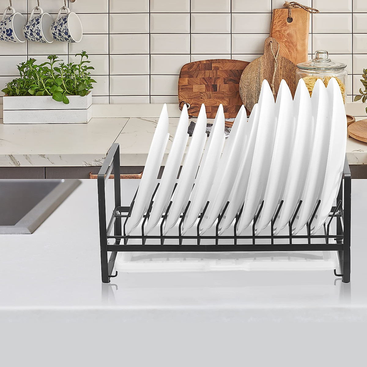 E-ROOM TREND Dish Rack with Drainboard for Kitchen Black 2 Pack Plate and Utensil Holder Detachable Dish Drainer Drying Rack Metal for Kitchen Countertop Cabinet 10 Plates to Hold (DR346B)