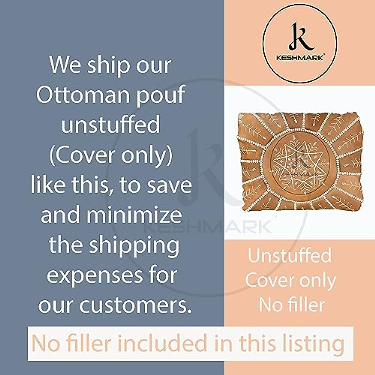 KESHMARK Luxury Handcrafted Moroccan Leather Pouf - Boho Chic Ottoman Seat & Footstool for Living Room Decor - Foot Rest - Round Ottoman (Light Tan with Brown Thread, Cover)