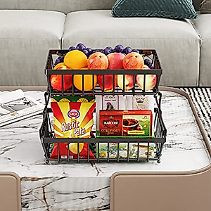 GILLAS 2 Tier Fruit Basket Countertop for Kitchen, Vegetable Bread Basket Fruit Bowl Storage Stand Detachable Metal Rectangular Wire Basket Black Medium