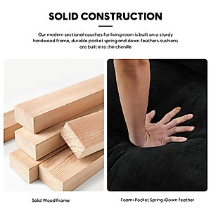 Yoglad Modern Oversized Modular Sectional Sofa Set with Down Feathers, L-Shaped Chenille Upholstered Couch with Ottoman and 10 Pillows for Living Room or Apartment (Black)