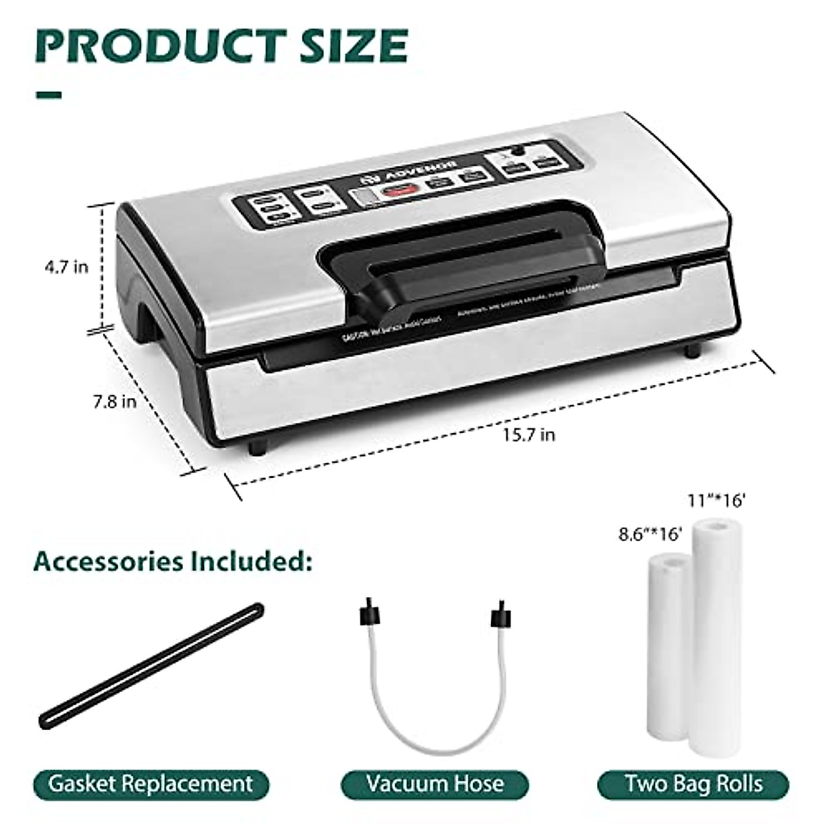 ADVENOR Vacuum Sealer Pro Food Sealer with Built-in Cutter and Bag Storage Includes 2 Bag Rolls 8"x16'and 11"x16' Handle Lock Design 90kpa Double Heat Seal For Food Preservation