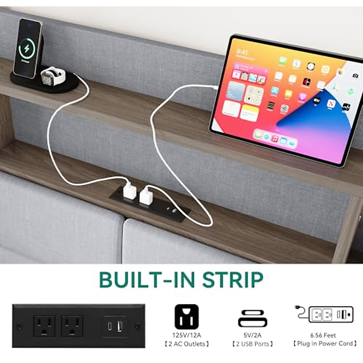 YITAHOME Queen Size Floating Bed Frame, Upholstered Platform Bed with Hidden Storage Headboard, RGB Bed Frame with USB-C/A Charging Station, No Box Spring Needed, Gray