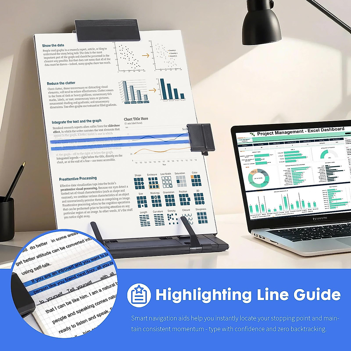 Black Metal Desktop Document Book Holder with 7 Adjustable Positions (Black)