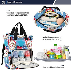Patriotic Sloth Diaper Bag Backpack for Baby Boys Girls Multifunction Baby Essentials Travel Tote with Stroller Straps & Bottle Storage Baby Diaper Bag for Shopping Hiking Traveling Moms Dads