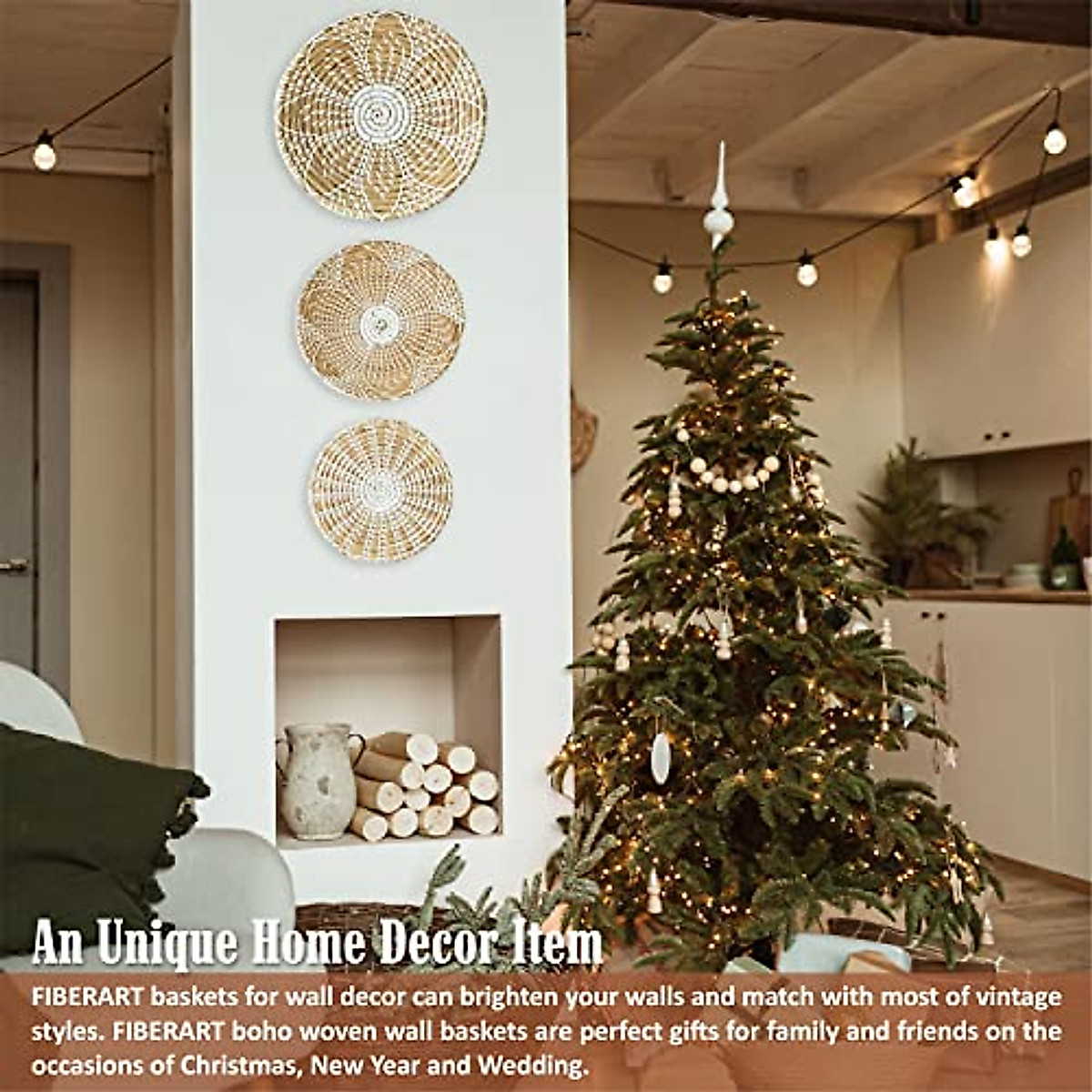 Seagrass Hanging Woven Wall Baskets Set of 3 - Boho Farmhouse Handcrafted & Unique Wicker Wall Art Decor for Living Room, Dining Room, Bedroom